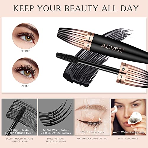 2 Pack 4D Silk Fiber Lash Mascara, Waterproof Very Black Long Lasting Mascara, Lengthening Lifting Multiplying Curling Natural Eyelash Primer Brush, Thickening Softer Lasting All Day, 2 Tube