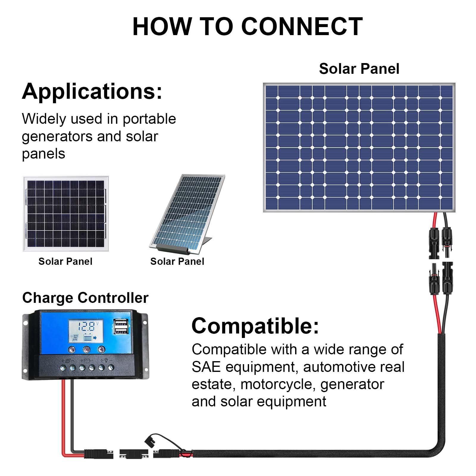 iGreely Solar Panel Connector Cable,10AWG SAE to Male & Female Adapter PV Extension Cable Wire for RV Solar Panel DC Power Battery Charger with SAE Polarity Reverse Adapter 3.1M/10Ft Black