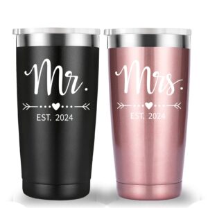 mamihlap mr and mrs est 2024 travel mug tumbler.newlyweds couples wife bride to be newly engaged bridal shower gifts.wedding tumbler idea for bridal showers engagement.(20oz black&rose gold)