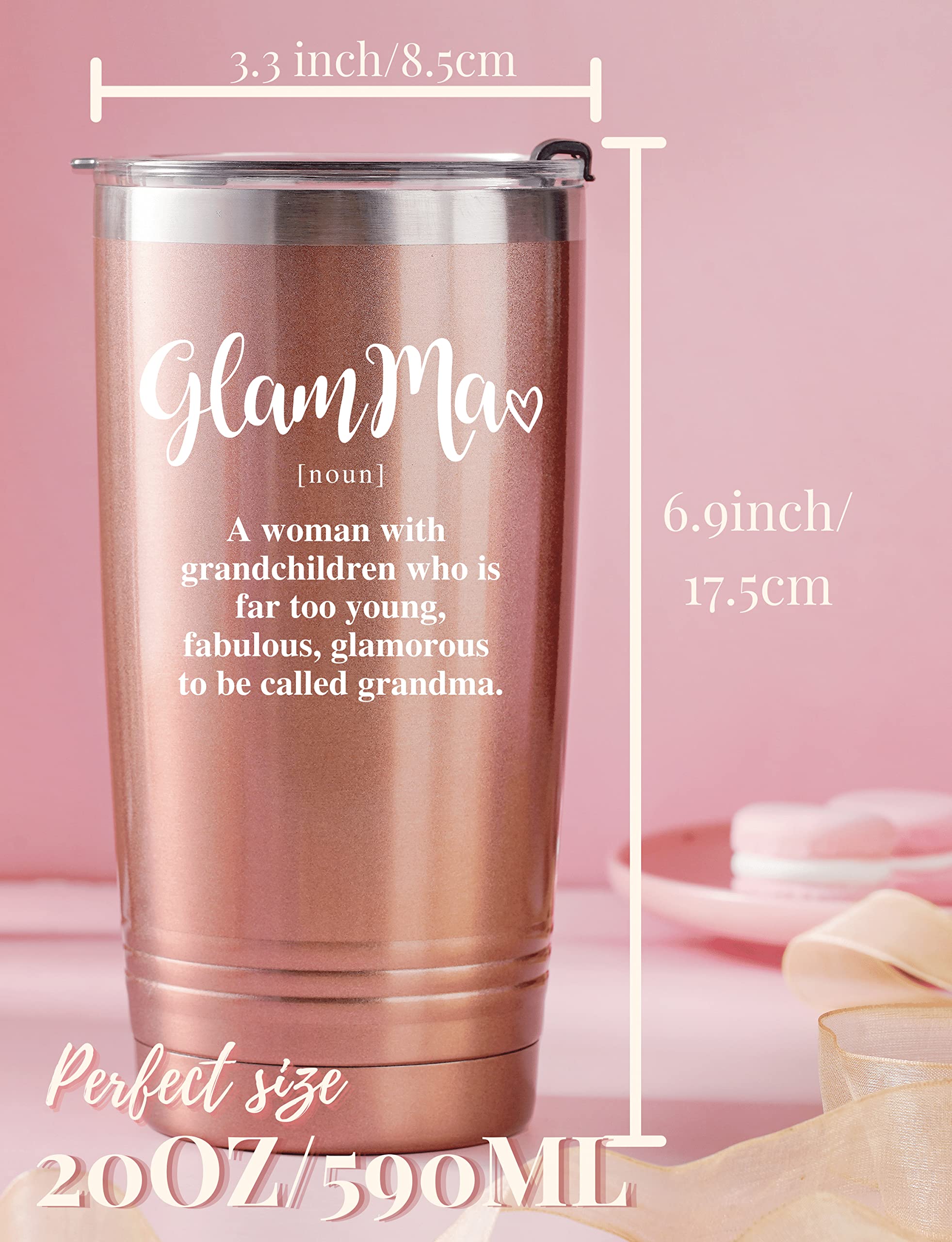 Onebttl Grandma Gifts, Insulated Stainless Steel Wine Tumbler with Lid, For Nana, Mimi, Gigi, Granny, Grammy, Nanny, Birthday/Mother’s Day gifts, Rose Gold, (20 oz) Glamma