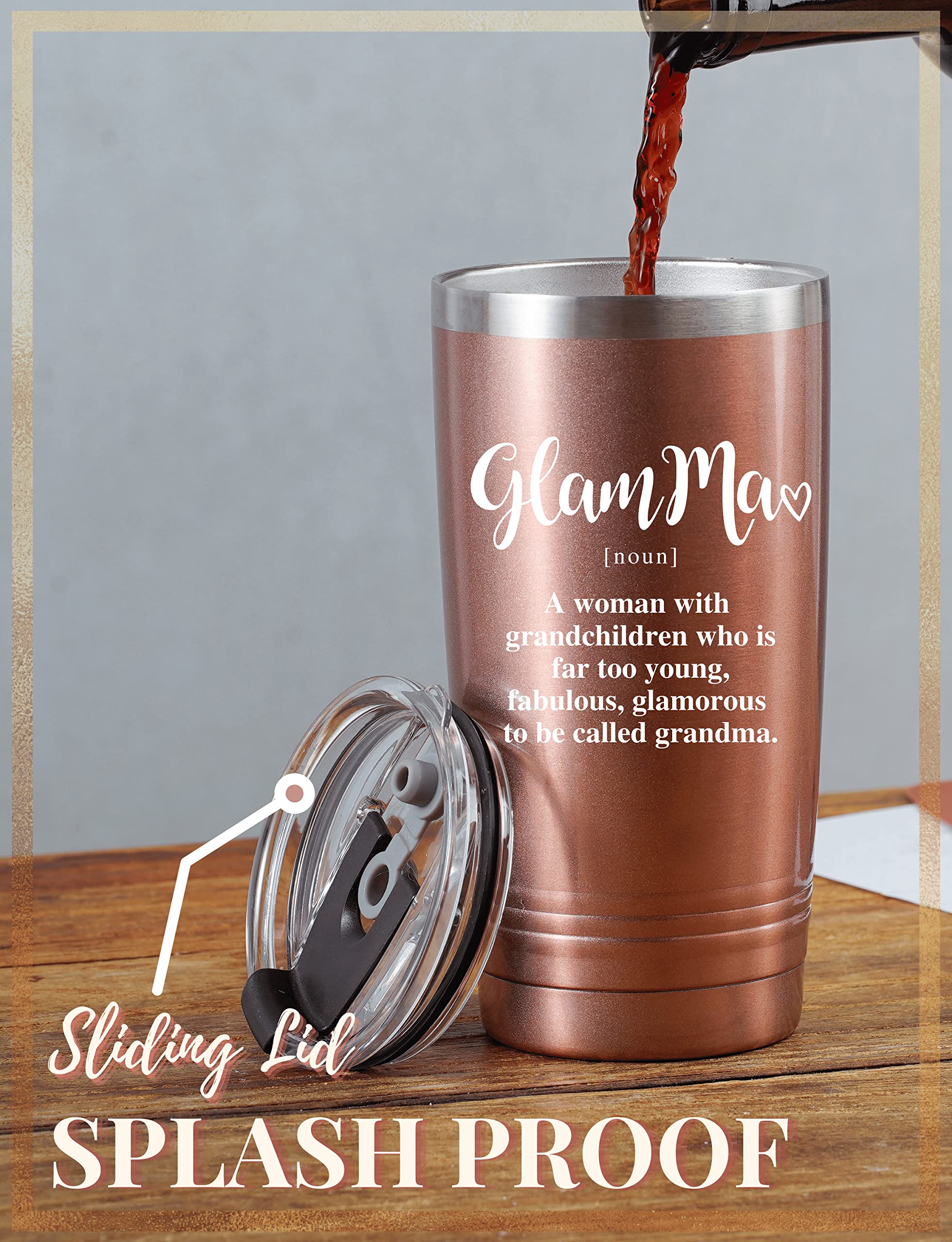 Onebttl Grandma Gifts, Insulated Stainless Steel Wine Tumbler with Lid, For Nana, Mimi, Gigi, Granny, Grammy, Nanny, Birthday/Mother’s Day gifts, Rose Gold, (20 oz) Glamma