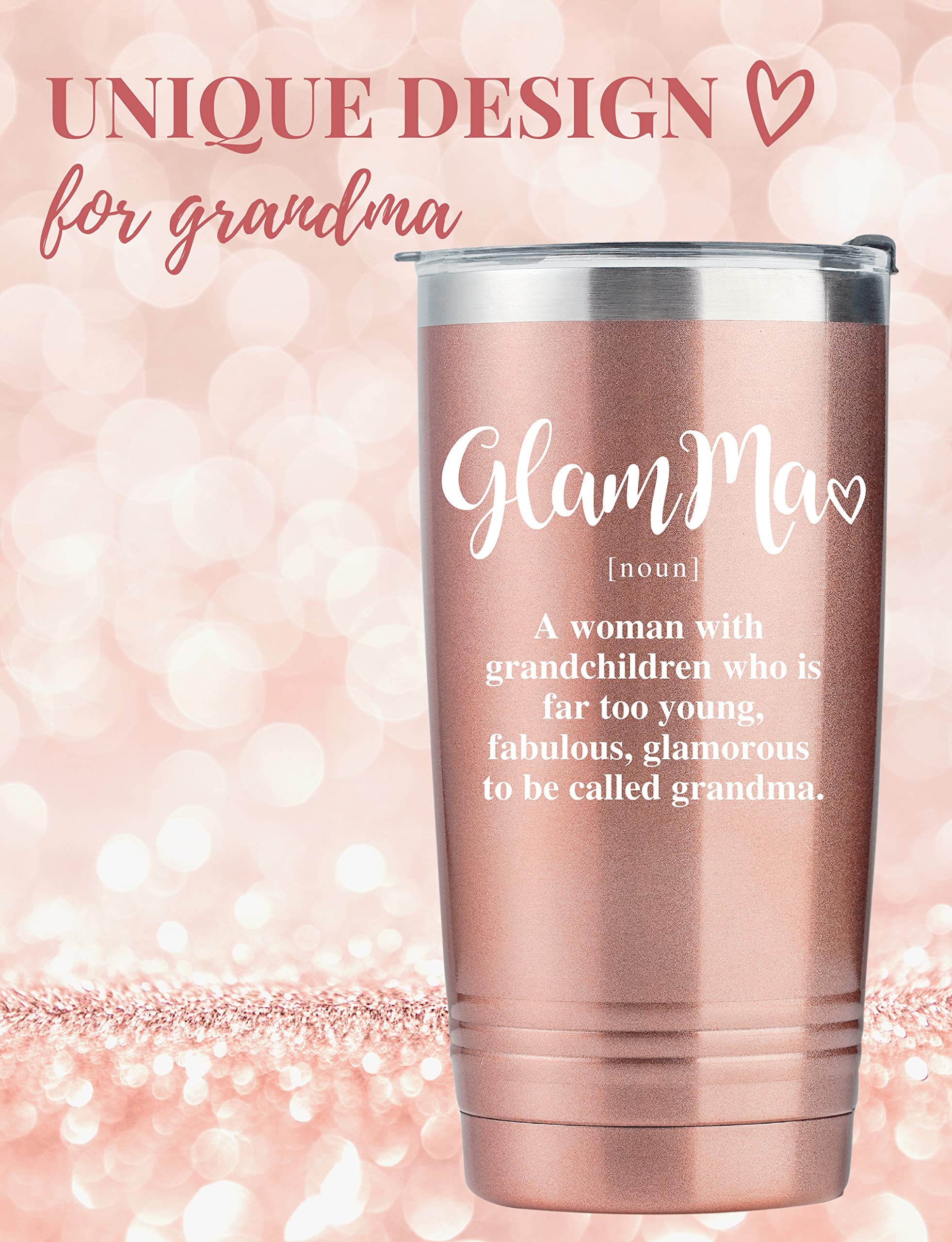 Onebttl Grandma Gifts, Insulated Stainless Steel Wine Tumbler with Lid, For Nana, Mimi, Gigi, Granny, Grammy, Nanny, Birthday/Mother’s Day gifts, Rose Gold, (20 oz) Glamma