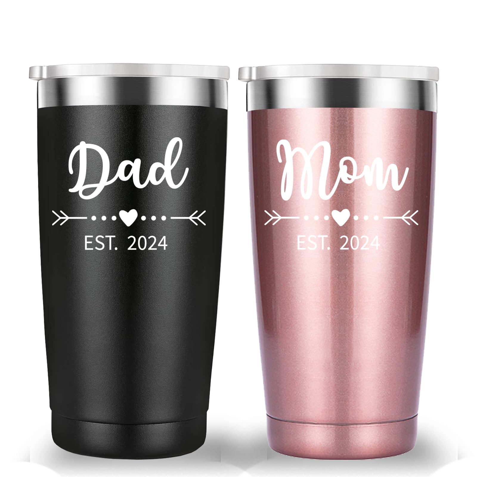 Dad and Mom Est 2024 Travel Mug Tumbler.New Parents Pregnancy Gifts.Fathers Mothers Day Anniversary Birthday Christmas Gifts Ideas for New Mom Dad.Parents to Be Baby Shower Gifts(20oz Black&Rose Gold)