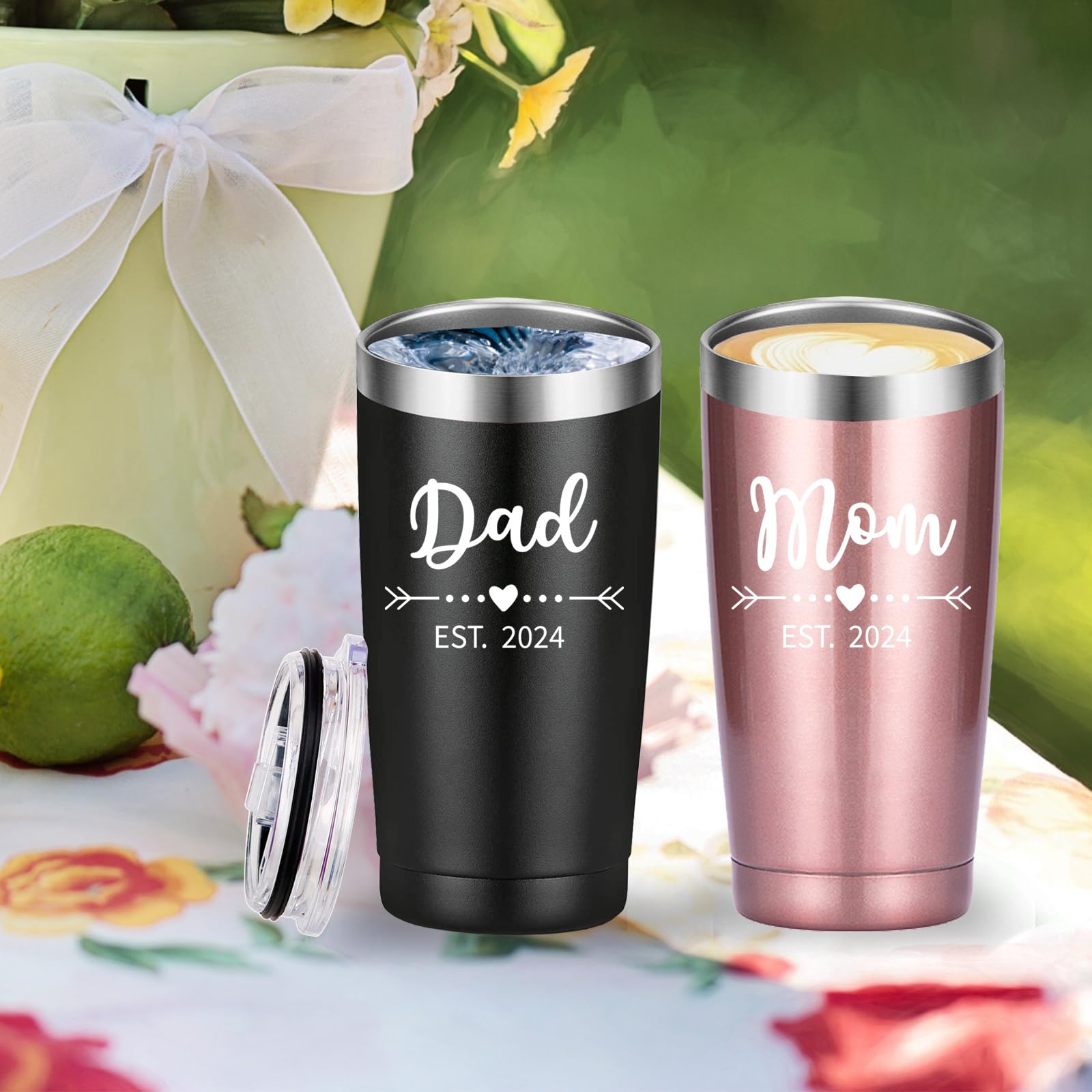 Dad and Mom Est 2024 Travel Mug Tumbler.New Parents Pregnancy Gifts.Fathers Mothers Day Anniversary Birthday Christmas Gifts Ideas for New Mom Dad.Parents to Be Baby Shower Gifts(20oz Black&Rose Gold)