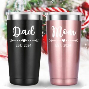 Dad and Mom Est 2024 Travel Mug Tumbler.New Parents Pregnancy Gifts.Fathers Mothers Day Anniversary Birthday Christmas Gifts Ideas for New Mom Dad.Parents to Be Baby Shower Gifts(20oz Black&Rose Gold)