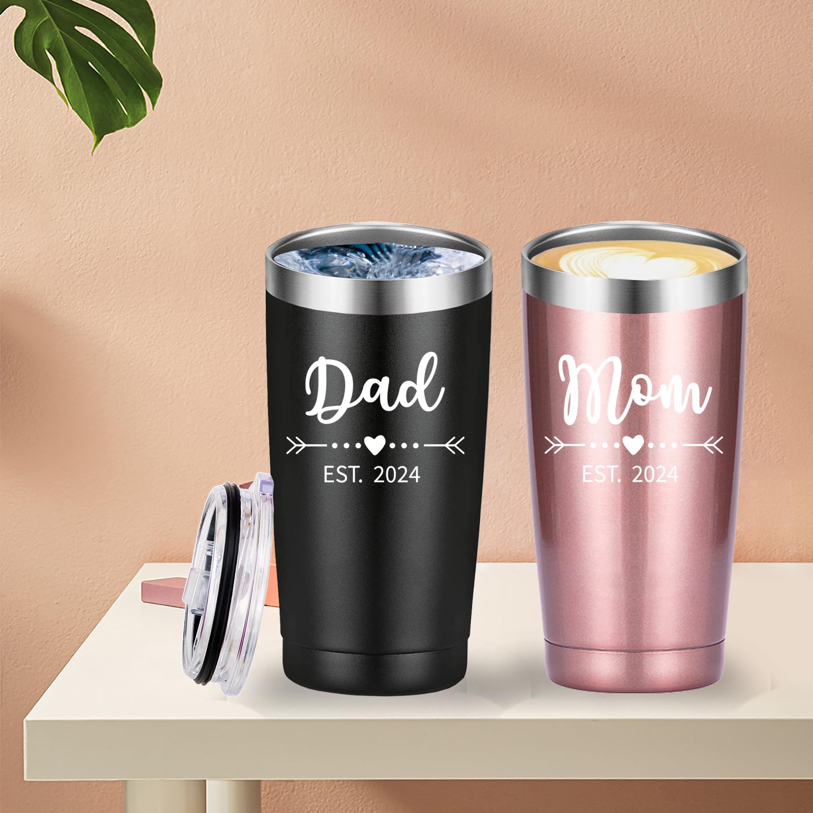 Dad and Mom Est 2024 Travel Mug Tumbler.New Parents Pregnancy Gifts.Fathers Mothers Day Anniversary Birthday Christmas Gifts Ideas for New Mom Dad.Parents to Be Baby Shower Gifts(20oz Black&Rose Gold)