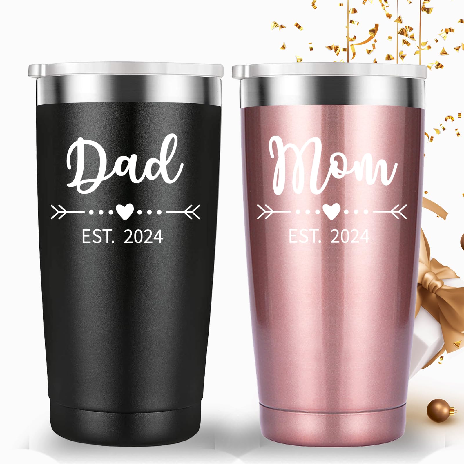 Dad and Mom Est 2024 Travel Mug Tumbler.New Parents Pregnancy Gifts.Fathers Mothers Day Anniversary Birthday Christmas Gifts Ideas for New Mom Dad.Parents to Be Baby Shower Gifts(20oz Black&Rose Gold)