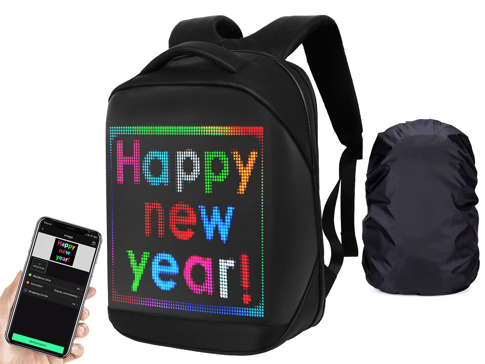 Welaso Smart Bluetooth LED Backpack with Colorful LED Sign Panel and Programmable, DIY Laptop Daypack Bag,Black (Medium 21L,with Rain Cover)