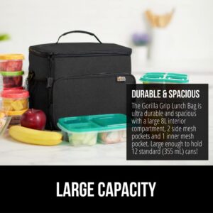 Gorilla Grip 8 Liter Insulated Cold and Hot Durable Leakproof Lightweight Bag, Cooler Tote for Food Drinks Large Lunch Box Work School Picnic Men Women, Kids Coolers Ice Pack Girls Boys Lunches Black