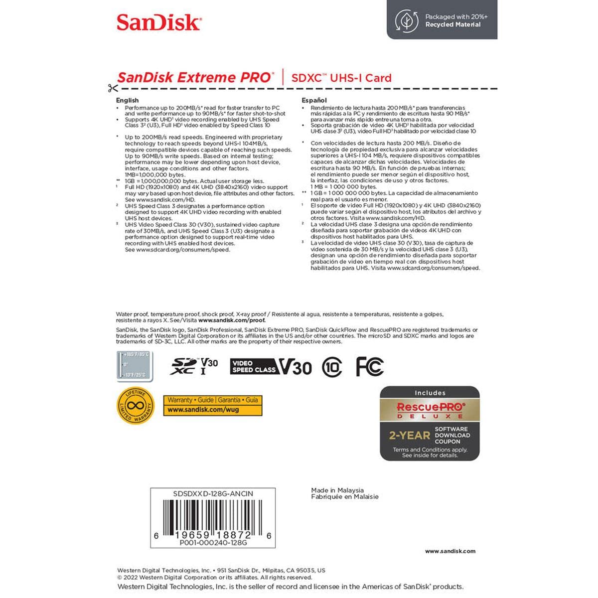 SanDisk Extreme PRO 128GB UHS-I U3 SDXC Memory Card