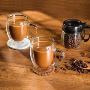 triaqua Double Wall Glass Coffee Mugs with Spoons, Set of 2, 12oz, Clear, Double Wall Espresso Cups, Cappuccino Cups, Insulated Borosilicate Glassware Tea Glasses, Perfect for Cold or Hot Drinks