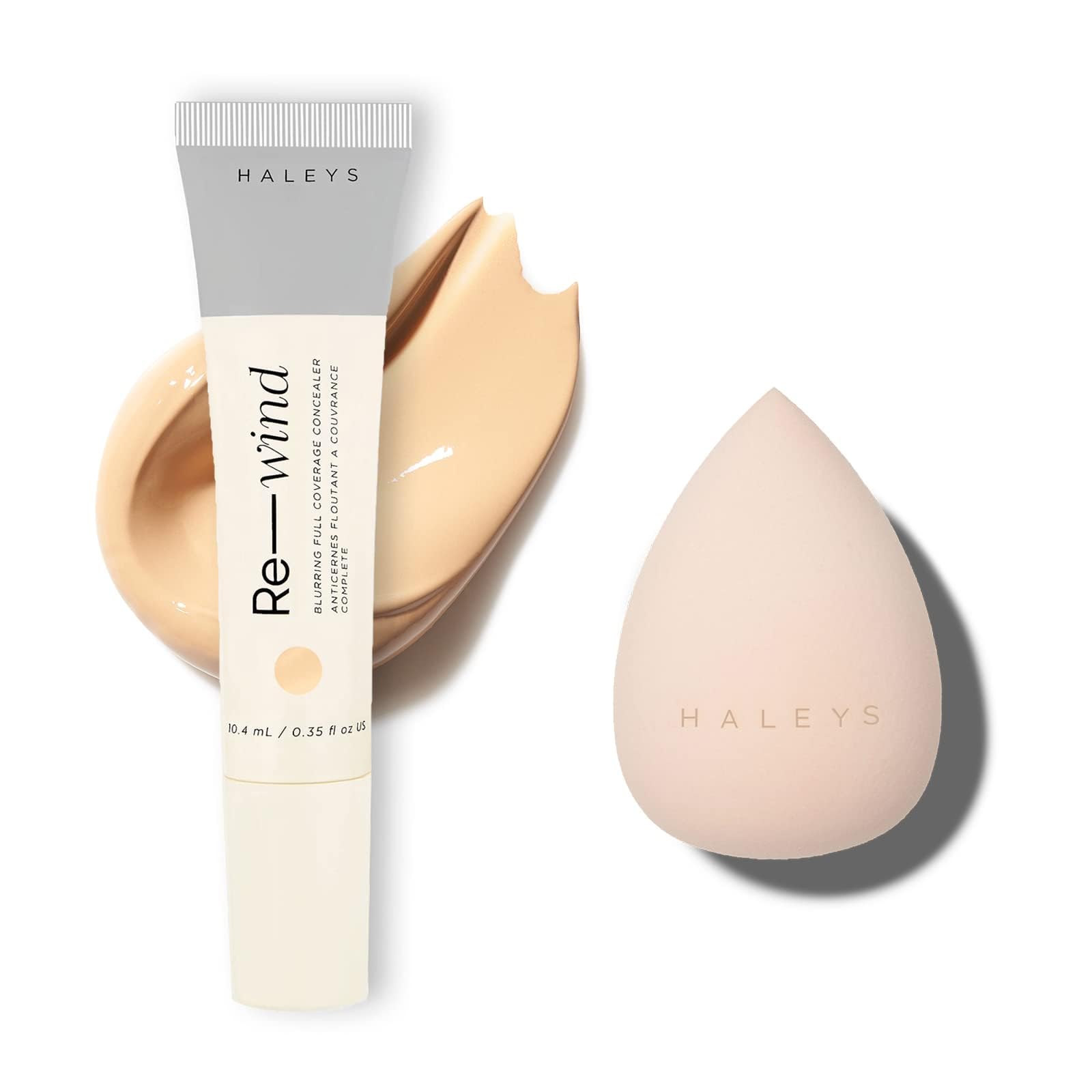 HALEYS Full-Coverage Concealer Set (Light/Medium-Warm): Re-wind Blurring Full Coverage Concealer, Brighten, Reduce dark circles and fine lines, Longwear, Lightweight, Re-mix Makeup Sponge, Smooths