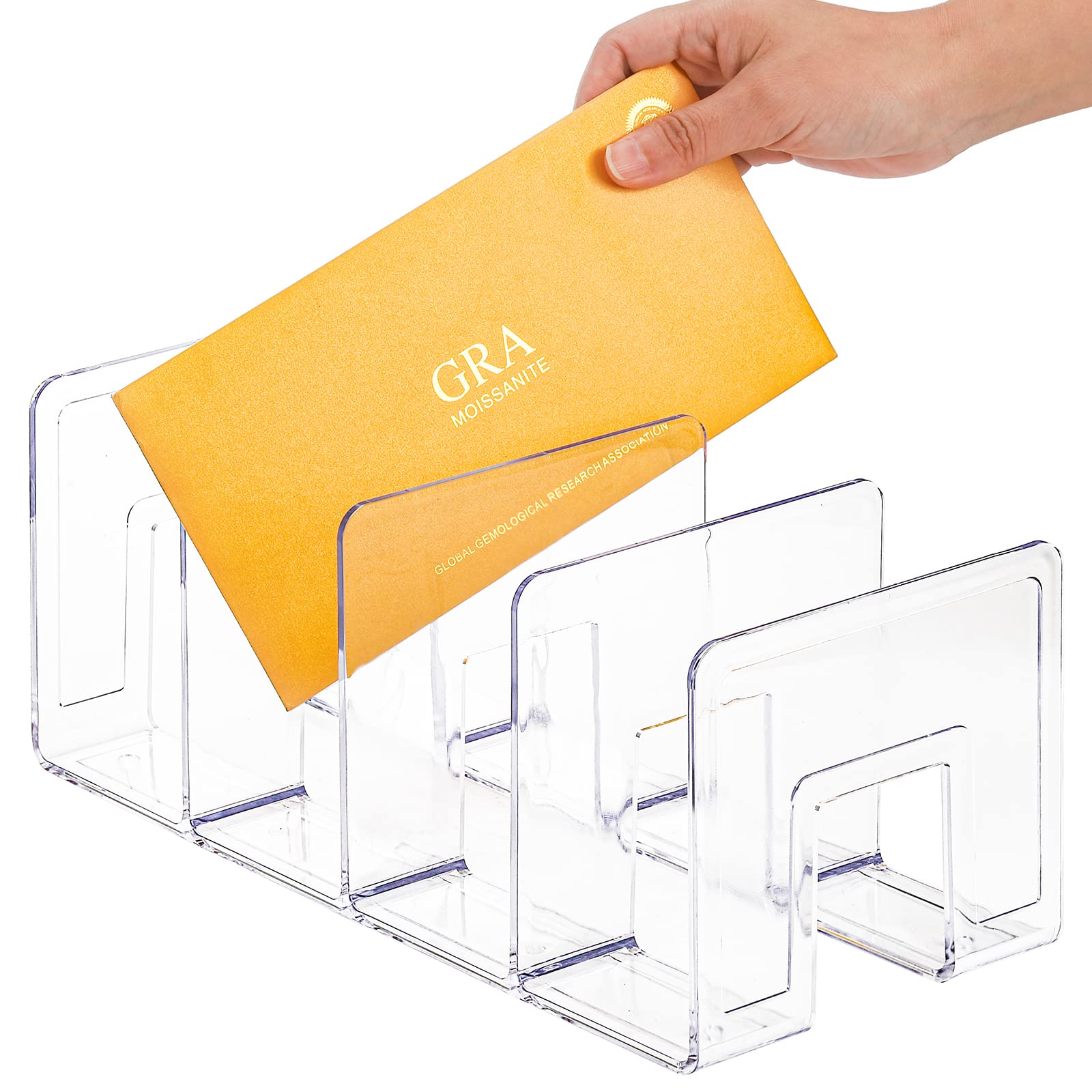 Lawei 4 Pack Acrylic File Sorter, 4-Section Clear Desktop File Folder Holder Organizer, Thick Office Storage Stand Rack for Book, Envelopes, Mail, Document, Notebook, Binder, Purse, Clutch Divider