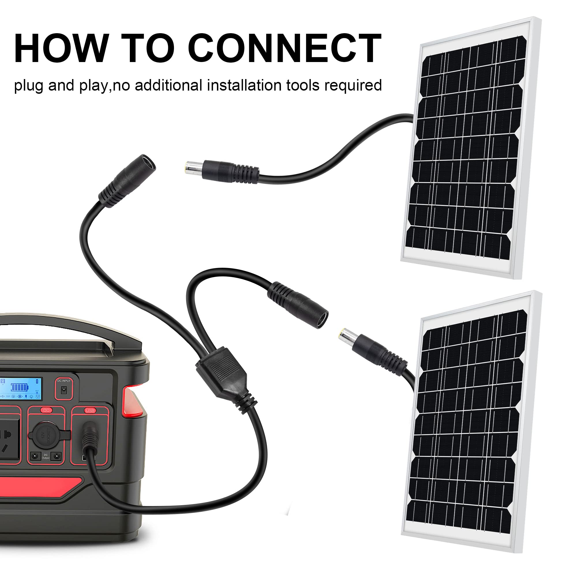 RIIEYOCA DC 8mm Y Branch Parallel Adapter Cable, 3.2FT 14AWG DC8mm 1 Male to 2 Female Solar Panel Power Cable,with DC7909 Male Female Converter,for Portable Power Station Solar Panel(1m/3ft)