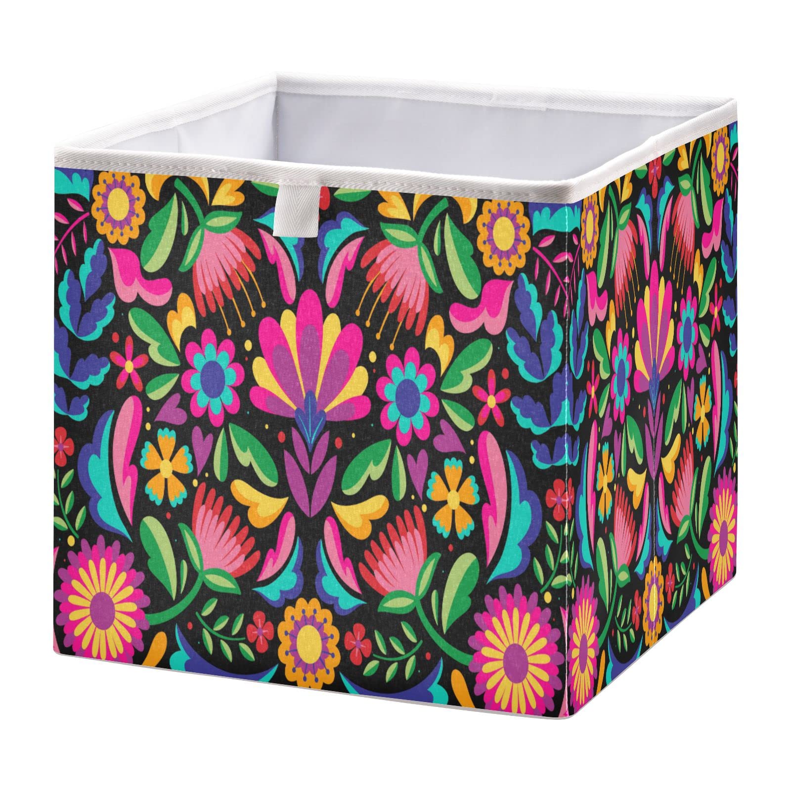 Kigai Cube Storage Bin Mexican Floral Foldable Storage Basket Toy Storage Box for Home Organizing Shelf Closet Bins, 11 x 11 x 11-Inch