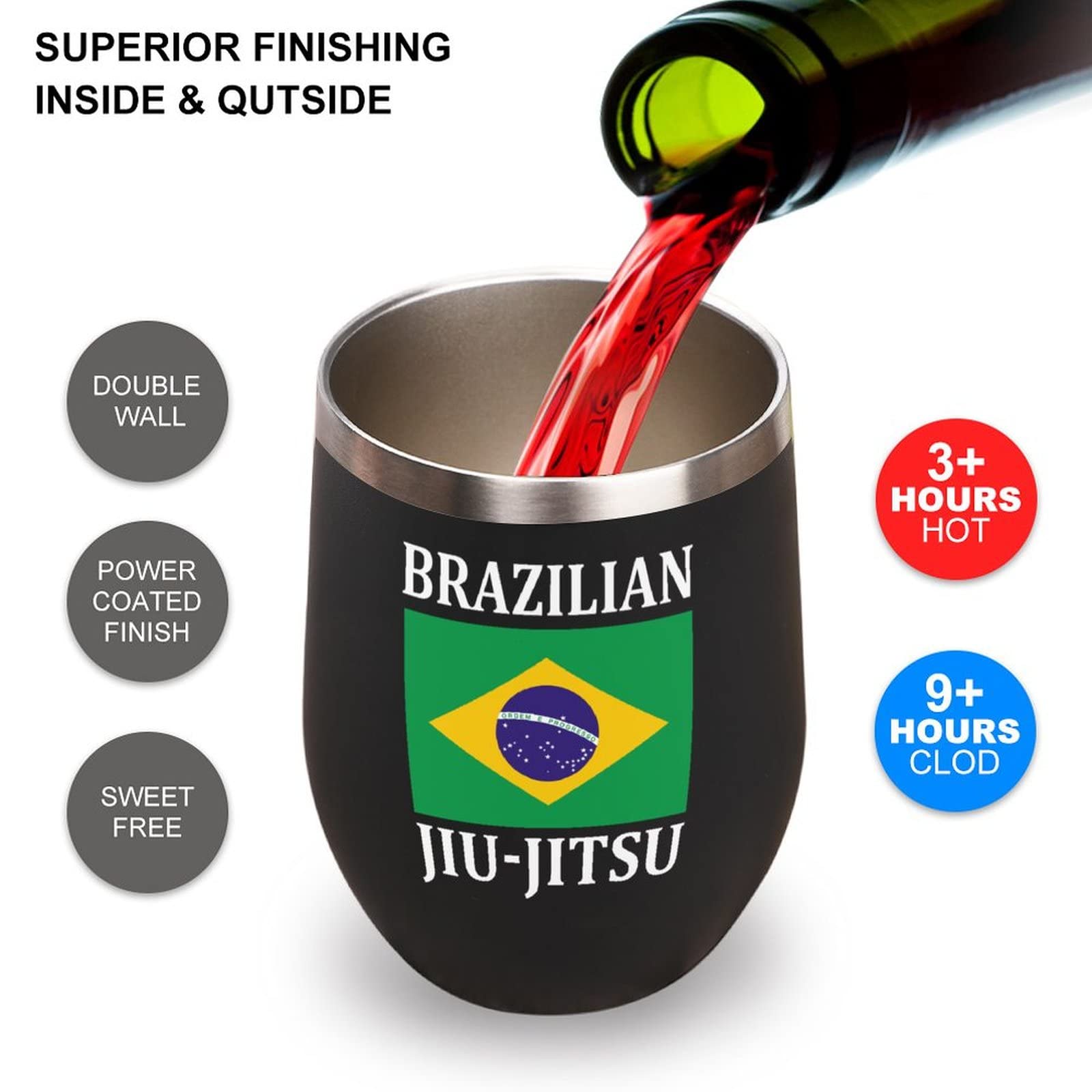 Brazilian Jiu Jitsu Wine Tumbler Travel Coffee Mug Stainless Steel Insulated Cup with Lid Gift for Men Women 12oz