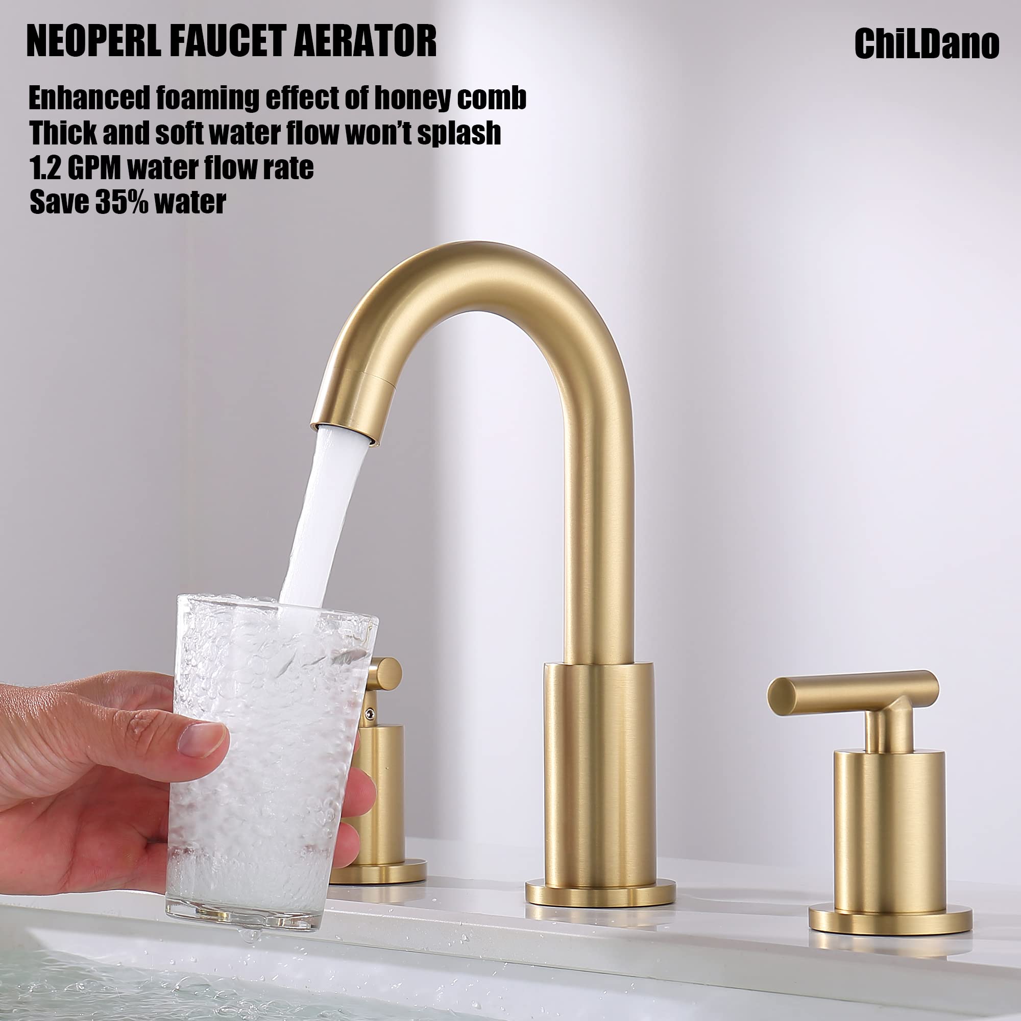 Brushed Gold Bathroom Faucet with Sink Drain and Supply Hose, 8 inch Widespread Bathroom Faucet 3 Hole, ChiLDano Gold Bathroom Faucet CH2183BG