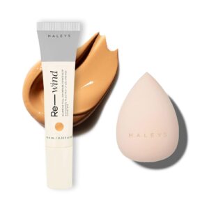 haleys full-coverage concealer set (tan-warm): re-wind blurring full coverage concealer, brighten, reduce dark circles and fine lines, longwear, lightweight, re-mix makeup sponge, smooths, blurs