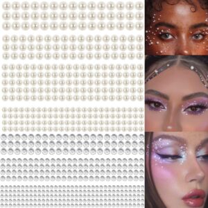 4368 pcs self adhesive white pearl face temporary tattoo clear rhinestones, flat back bling gems jewels stickers for makeup face eye hair, pear&transparent rhinestones