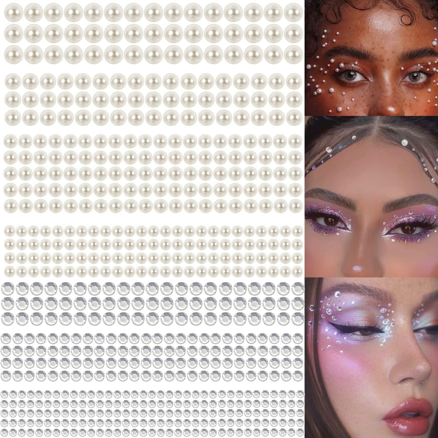 4368 PCS Self Adhesive White Pearl Face Temporary Tattoo Clear Rhinestones, Flat Back Bling Gems Jewels Stickers for Makeup Face Eye Hair, Pear&Transparent Rhinestones