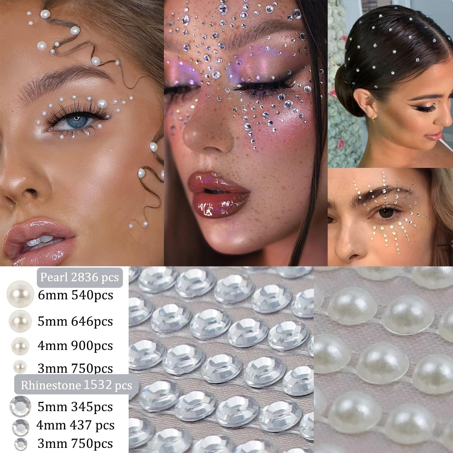 4368 PCS Self Adhesive White Pearl Face Temporary Tattoo Clear Rhinestones, Flat Back Bling Gems Jewels Stickers for Makeup Face Eye Hair, Pear&Transparent Rhinestones