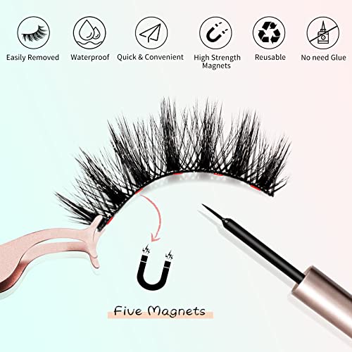 Magnetic Eyelashes Set, Magnetic Lashes Natural Look, 10 Pairs Reusable False Eyelashes with 2 Magnetic Eyeliner & Tweezers - No Glue