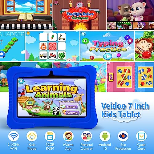 Veidoo Kids Tablet, 7 inch Android Tablet PC, 2GB RAM 32GB ROM, Safety Eye Protection Screen, WiFi, Dual Camera, Games, Parental Control APP, Tablet with Silicone Case(Dark Blue)