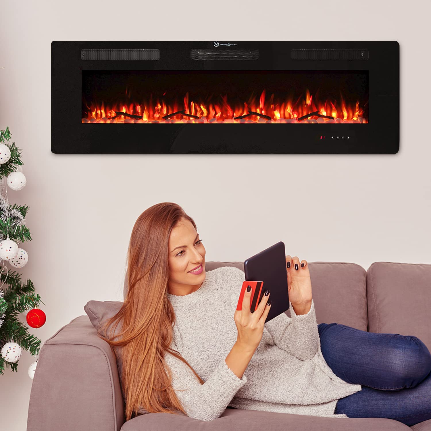 60" Electric Fireplace, Cool to The Touch Fireplace Heater, Recessed and Wall Mounted Fireplaces with Timer Remote Control Adjustable Flame Color, Black