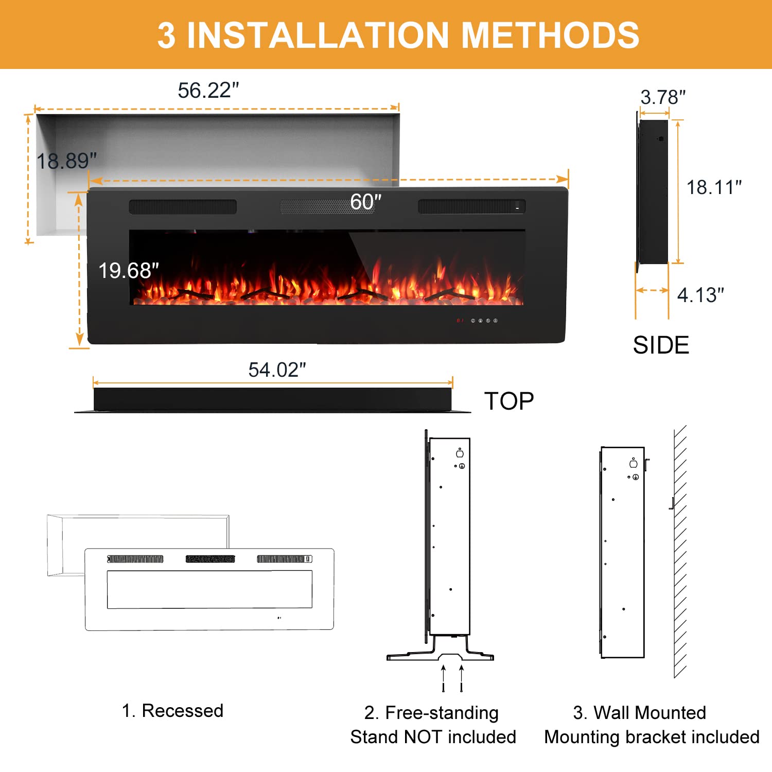 60" Electric Fireplace, Cool to The Touch Fireplace Heater, Recessed and Wall Mounted Fireplaces with Timer Remote Control Adjustable Flame Color, Black