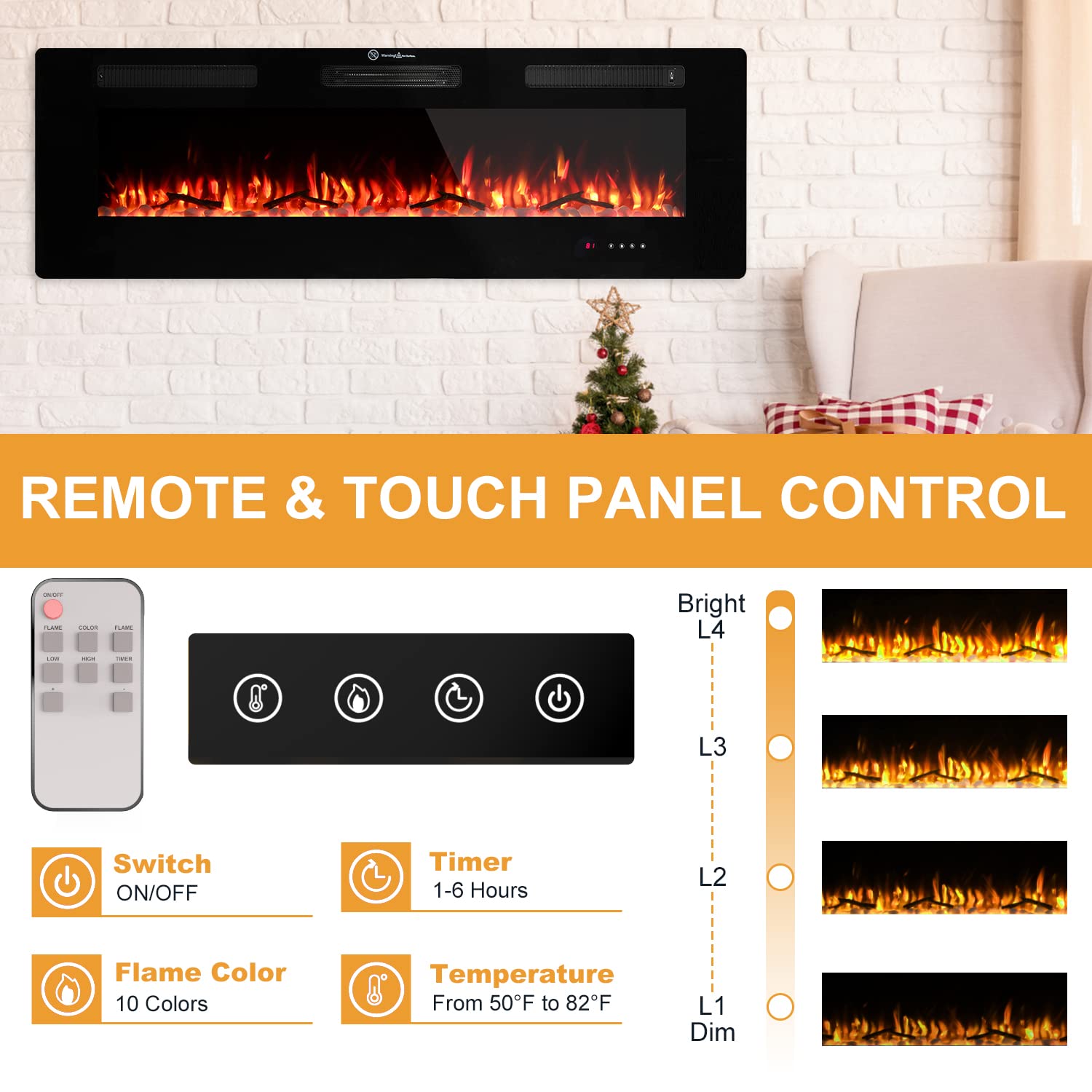 60" Electric Fireplace, Cool to The Touch Fireplace Heater, Recessed and Wall Mounted Fireplaces with Timer Remote Control Adjustable Flame Color, Black