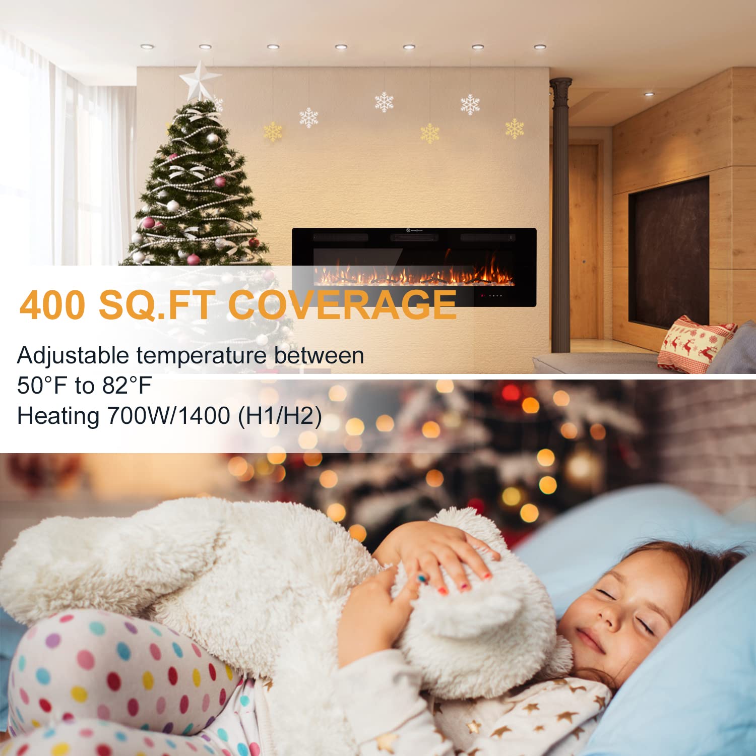 60" Electric Fireplace, Cool to The Touch Fireplace Heater, Recessed and Wall Mounted Fireplaces with Timer Remote Control Adjustable Flame Color, Black