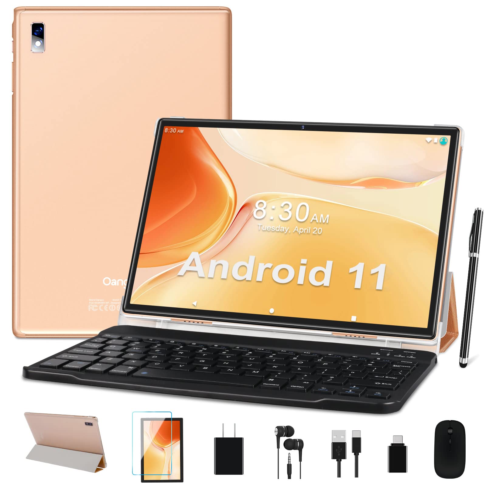 𝐎𝐚𝐧𝐠𝐜𝐜 Android 12 Tablet 10.1 Inch 2023 Newest Tablets, 4GB + 64GB (Max 128G) 8000mAh Battery with Bluetooth Keyboard | Mouse | GPS | Dual Camera | Case | WiFi support and More - A6 (Gold)