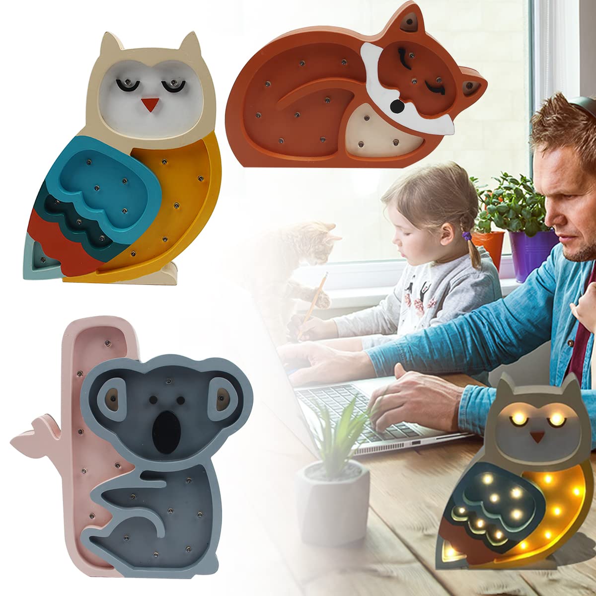 Jwinkumy Decorative LED Night Light for Kids Baby Nursery Decor Cute Fox Wooden Table Lamp Animal Sign Home Bedroom Ornament Birthday Gift