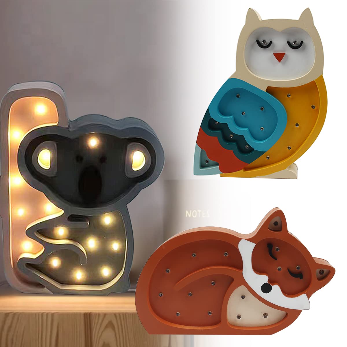 Jwinkumy Decorative LED Night Light for Kids Baby Nursery Decor Cute Fox Wooden Table Lamp Animal Sign Home Bedroom Ornament Birthday Gift