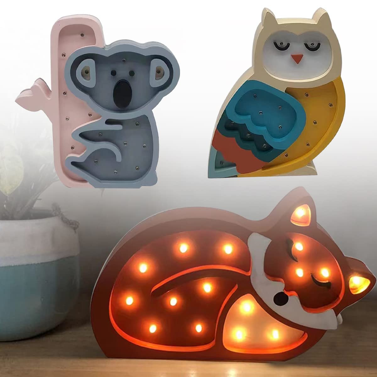 Jwinkumy Decorative LED Night Light for Kids Baby Nursery Decor Cute Fox Wooden Table Lamp Animal Sign Home Bedroom Ornament Birthday Gift