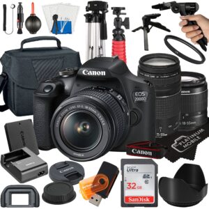 canon eos 2000d / rebel t7 dslr camera with 18-55mm + 75-300mm lens + sandisk 32gb card + tripod + case + megaaccessory bundle (22pc bundle) (renewed)