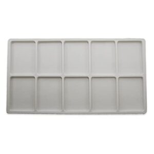 cutebox company 3pc white plastic tray (14.75” x 8.25” x 1”) with 10 rectangle compartment white flocked tray insert for jewelry storage, organization, merchandise, display