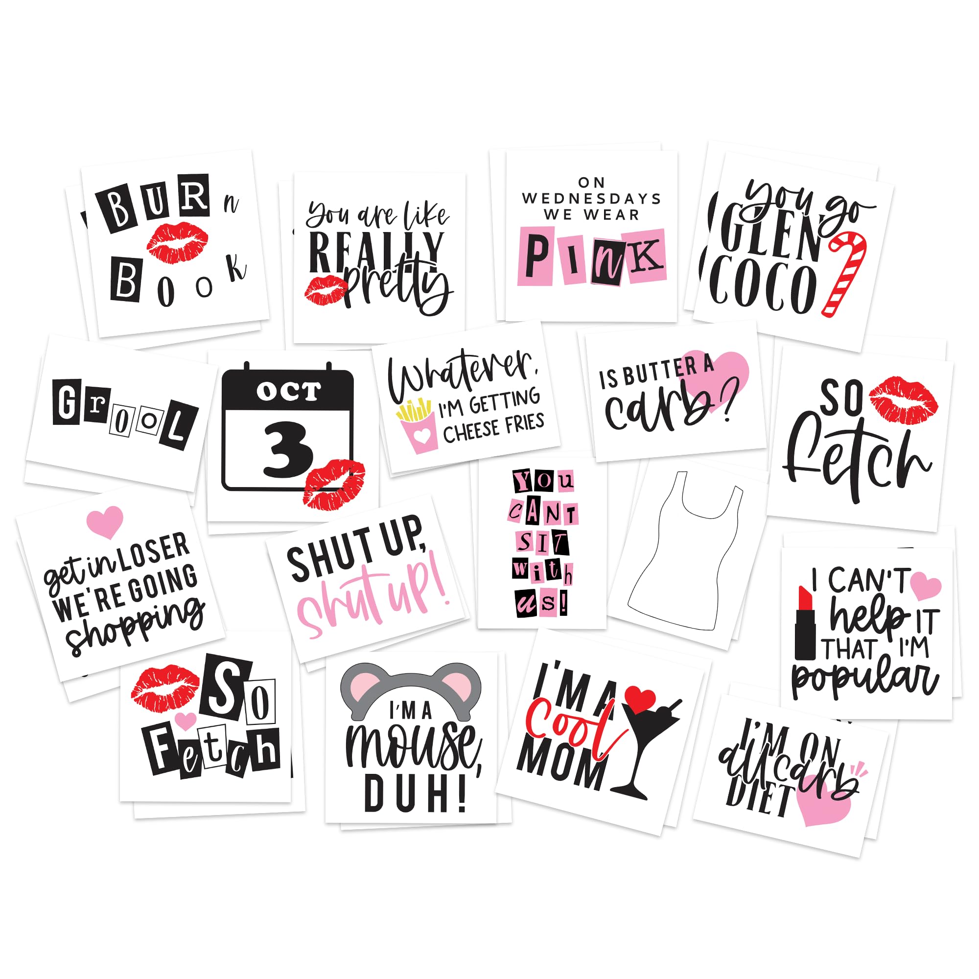 FashionTats Temporary Tattoos for Mean Girls | Pack of 36 | Burn Book - You're So Pretty - So Fetch & more | Party Supplies & Favors | MADE IN THE USA | Skin Safe | Removable