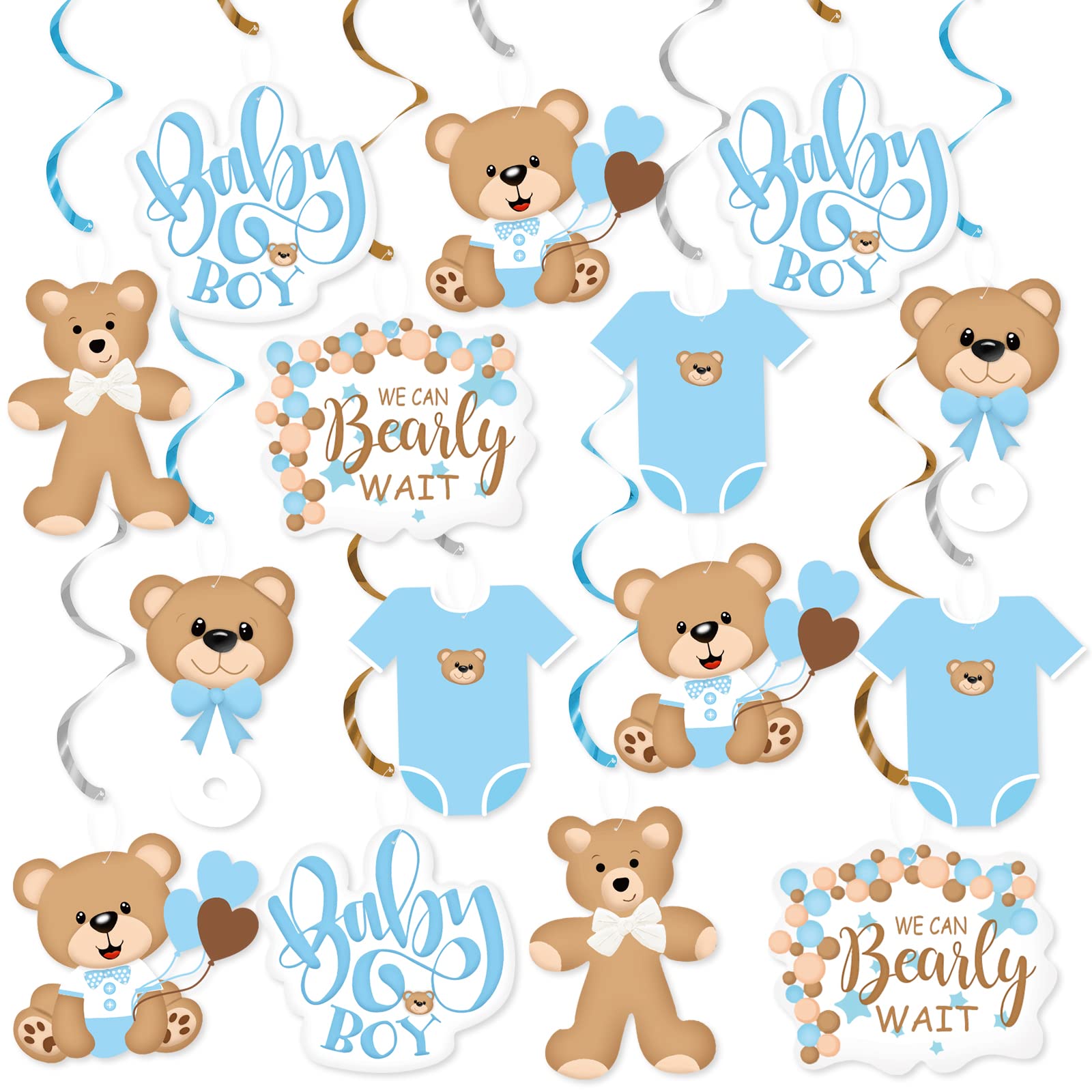 20pcs Blue Bear Baby Shower Party Hanging Swirls Decorations, We Can Bearly Wait Baby Shower Decorations for Boy, Foil Ceiling Swirls Teddy Bear Them Hanging Decor Streamers Birthday Party Supplies