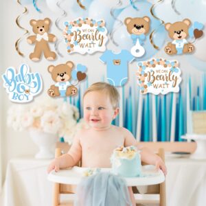 20pcs Blue Bear Baby Shower Party Hanging Swirls Decorations, We Can Bearly Wait Baby Shower Decorations for Boy, Foil Ceiling Swirls Teddy Bear Them Hanging Decor Streamers Birthday Party Supplies