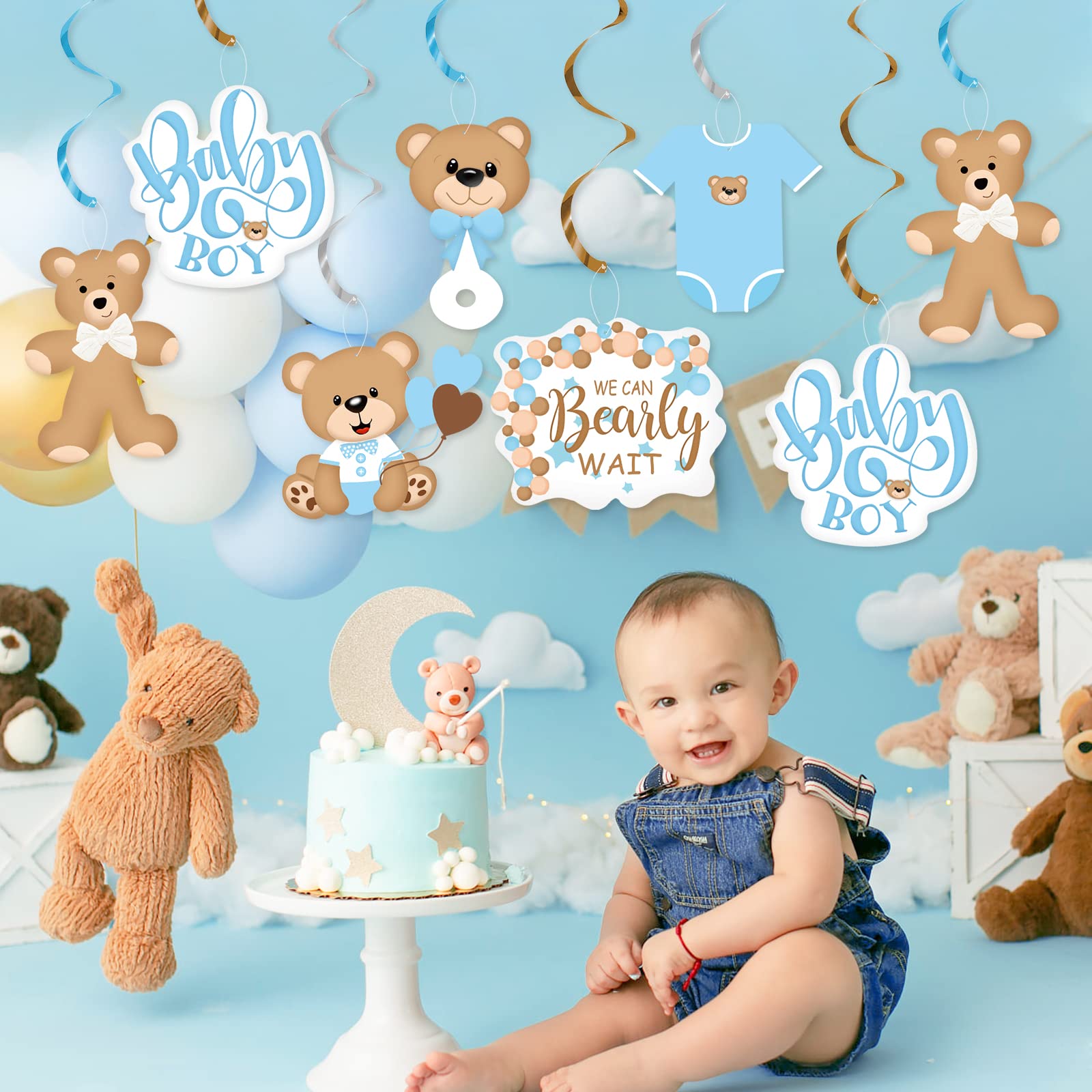 20pcs Blue Bear Baby Shower Party Hanging Swirls Decorations, We Can Bearly Wait Baby Shower Decorations for Boy, Foil Ceiling Swirls Teddy Bear Them Hanging Decor Streamers Birthday Party Supplies