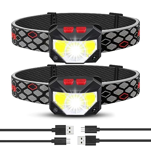 Headlamp Rechargeable 2 Pack, Bright LED Head Lamp Outdoor 1100 Lumen Headlight with White Red Light, Motion Sensor Waterproof 8 Modes Headlamps Flashlights for Running Cycling Fishing