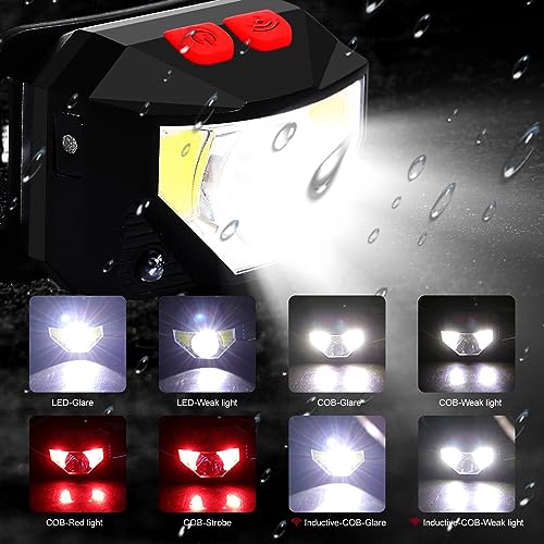 Headlamp Rechargeable 2 Pack, Bright LED Head Lamp Outdoor 1100 Lumen Headlight with White Red Light, Motion Sensor Waterproof 8 Modes Headlamps Flashlights for Running Cycling Fishing