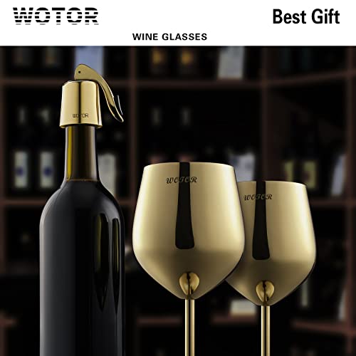 WOTOR Gold Wine Glasses Set of 2 with Wine Stopper, 18oz Unbreakable Gold Goblet, Stainless Steel Wine Glass, Fancy, Unique and Portable Metal Wine Glass, Ideal Gift for Wine Lovers