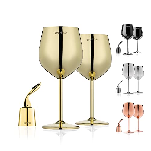 WOTOR Gold Wine Glasses Set of 2 with Wine Stopper, 18oz Unbreakable Gold Goblet, Stainless Steel Wine Glass, Fancy, Unique and Portable Metal Wine Glass, Ideal Gift for Wine Lovers