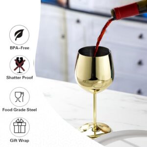 WOTOR Gold Wine Glasses Set of 2 with Wine Stopper, 18oz Unbreakable Gold Goblet, Stainless Steel Wine Glass, Fancy, Unique and Portable Metal Wine Glass, Ideal Gift for Wine Lovers