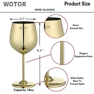 WOTOR Gold Wine Glasses Set of 2 with Wine Stopper, 18oz Unbreakable Gold Goblet, Stainless Steel Wine Glass, Fancy, Unique and Portable Metal Wine Glass, Ideal Gift for Wine Lovers