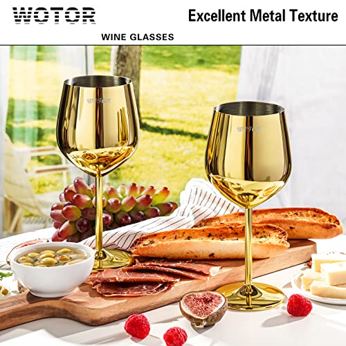 WOTOR Gold Wine Glasses Set of 2 with Wine Stopper, 18oz Unbreakable Gold Goblet, Stainless Steel Wine Glass, Fancy, Unique and Portable Metal Wine Glass, Ideal Gift for Wine Lovers