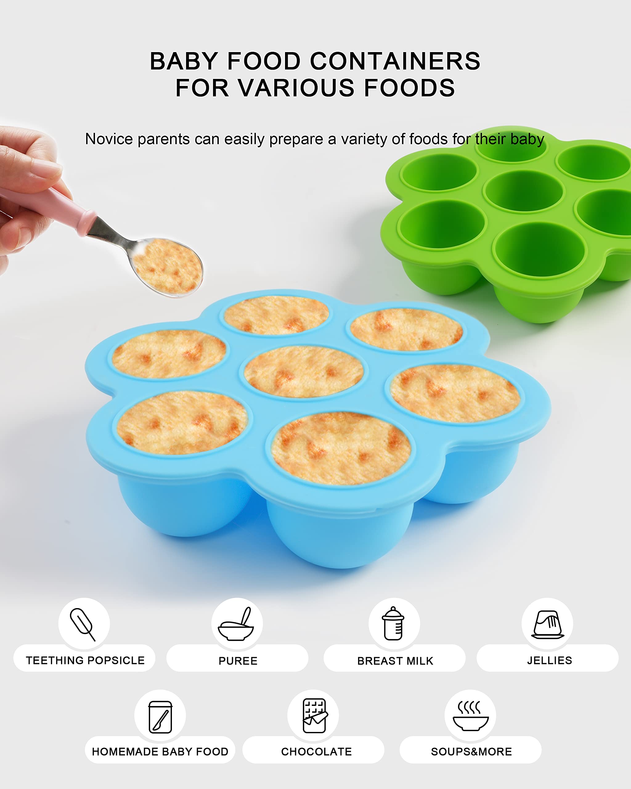 DF DUALFERV 2 Pack Baby Food Freezer Tray,7 Portions Silicone Baby Food Freezer Tray with Lid, Perfect Baby Food Containers for Homemade Baby Food, Vegetable & Fruit Purees, and Breast Milk