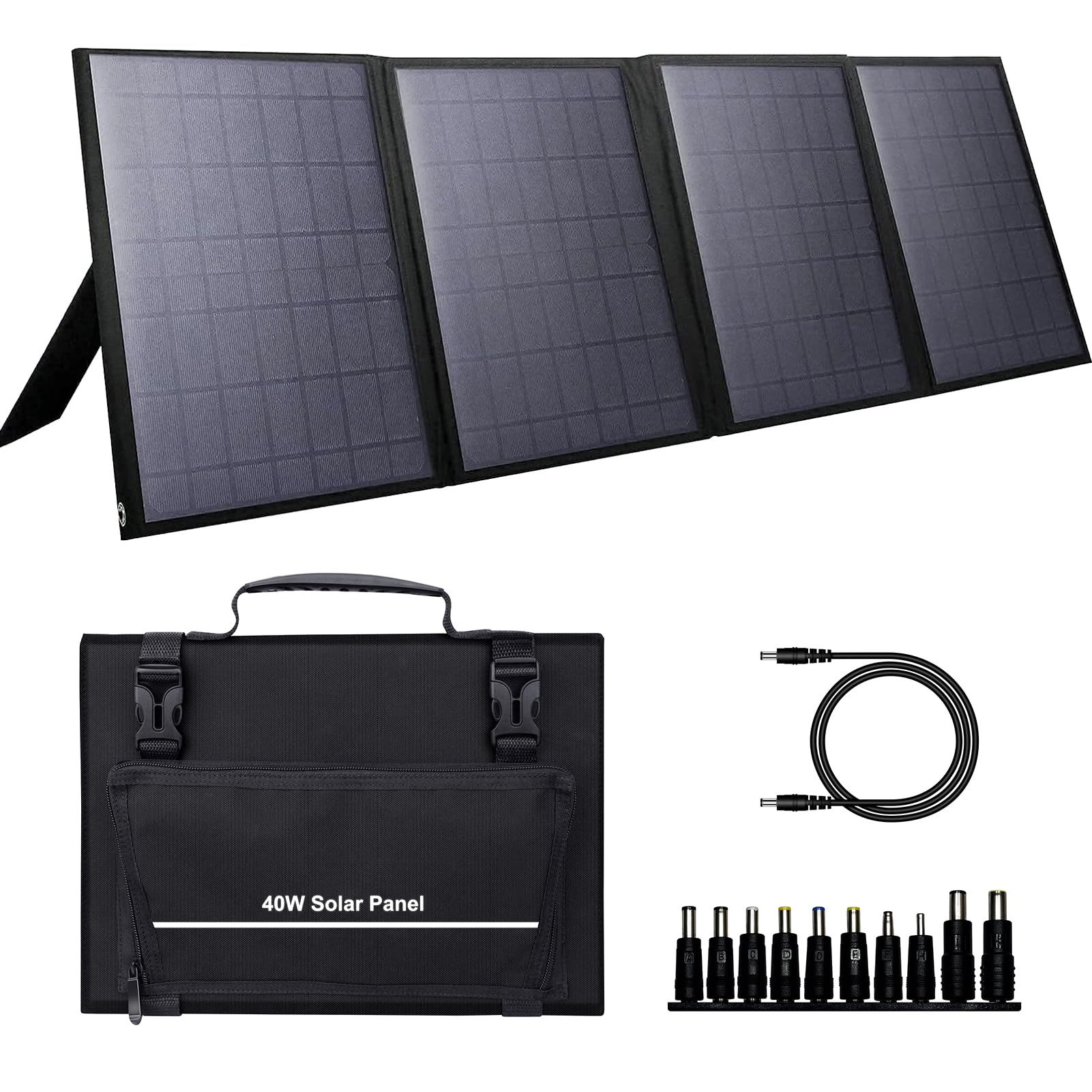 60W Portable Solar Panel with 18V DC Output, Foldable Solar Charger, Adjustable Kickstand,10 in 1 Connectors, DC to DC Cable, USB-C for Outdoor Camping RV Road Trip Adventure